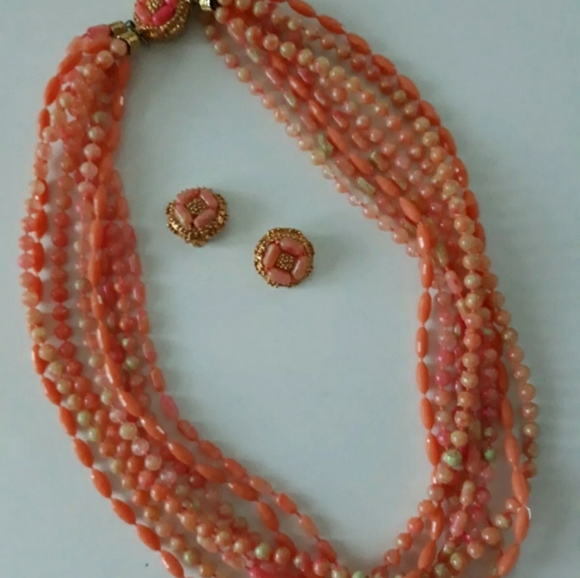 Jewelry | Vintage 196s Coral Colored Bead Necklace And Earrings | Poshmark